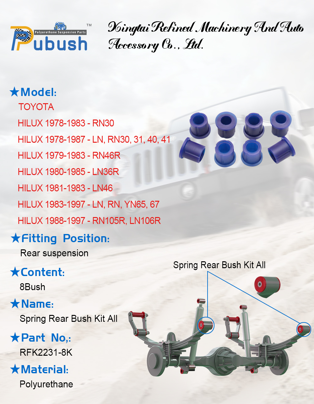 Spring Rear Polyurethane Bush Kit All for TOYOTA HILUX - Buy Spring ...