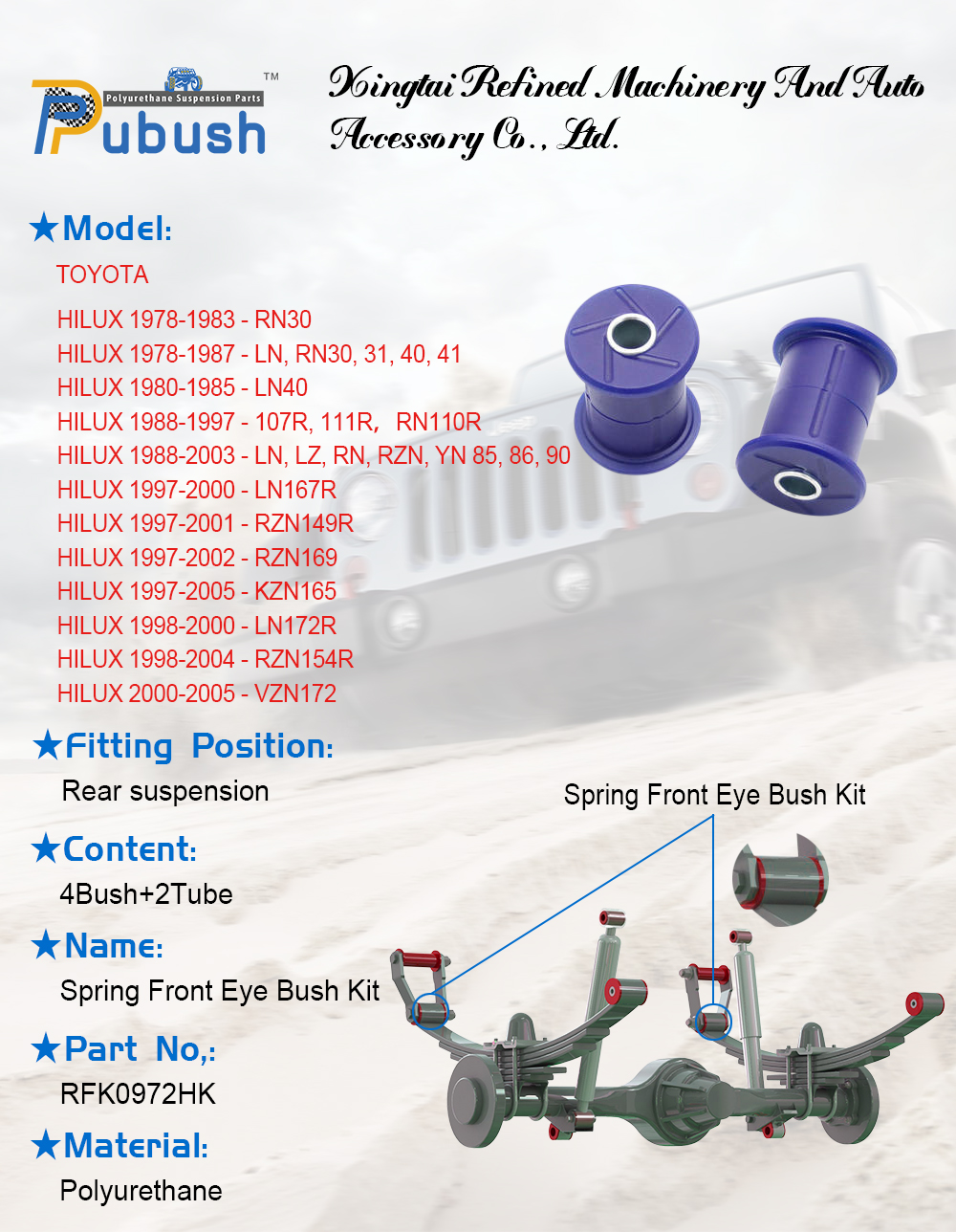 Spring Front Eye Urethane Bush Kit for TOYOTA HILUX - Buy Spring Front ...