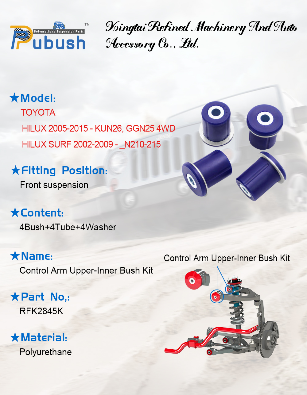 Control Arm Upper-Inner Polyurethane Bush Kit for TOYOTA HILUX - Buy ...
